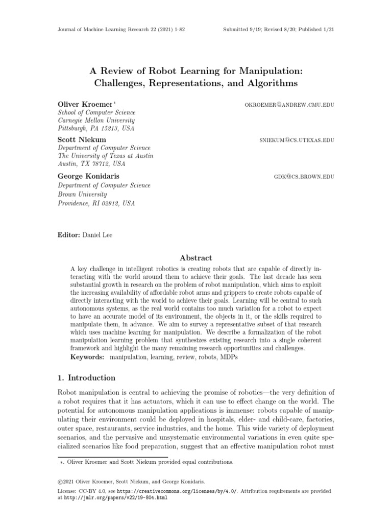 19-804 A Review of Robot Learning for Manipulation | PDF | Robot | Robotics
