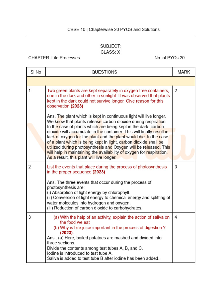 CBSE 10 Life Processes: 20 PYQs & Solutions | PDF | Digestion | Stomach