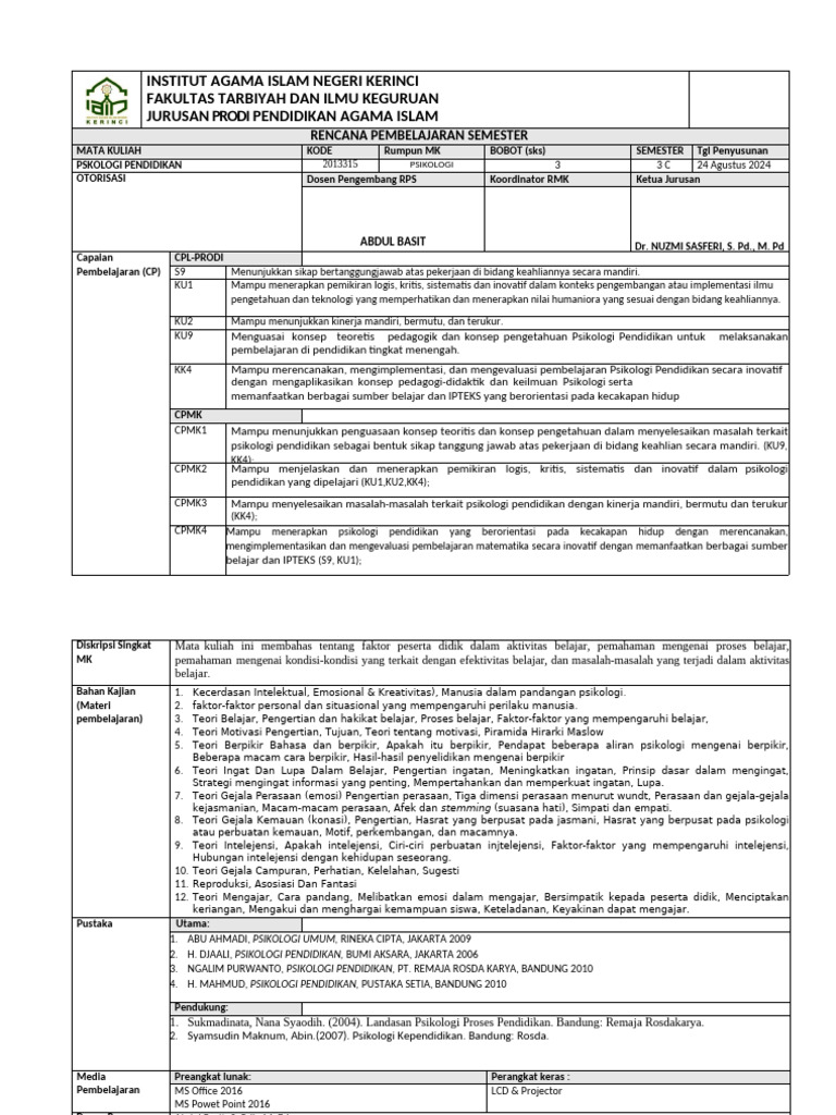 RPS Psikologi Pendidikan 2024 | PDF