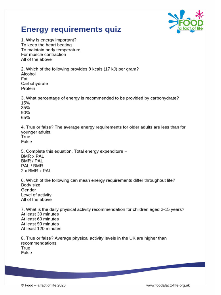 Energy Requirments Quiz 1416he | PDF