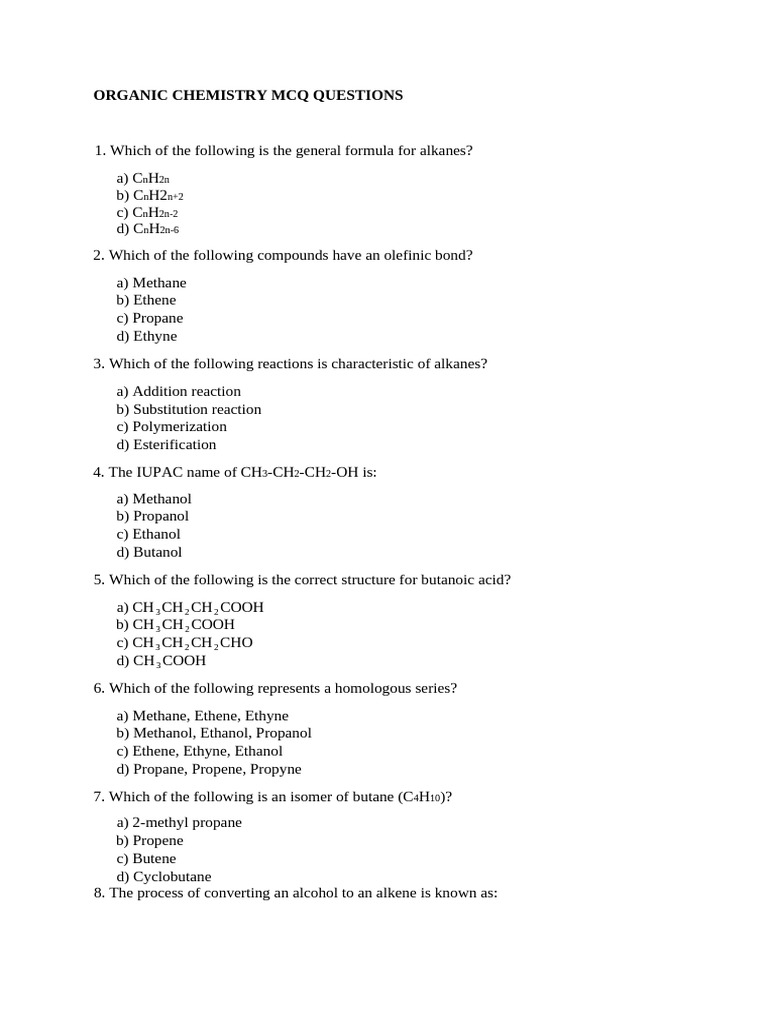 ORGANIC CHEMISTRY MCQ QUESTIONS | PDF | Alkene | Alkane