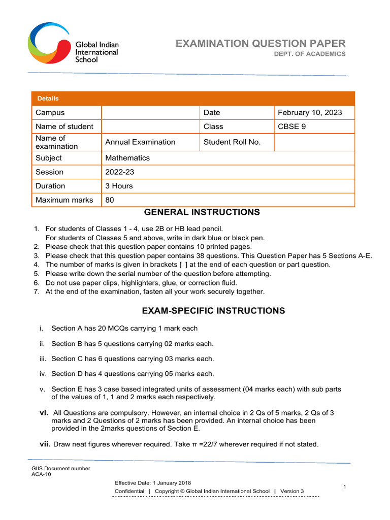 Annual Exam QP Maths CBSE 9 2022 23 | PDF | Sphere | Perpendicular