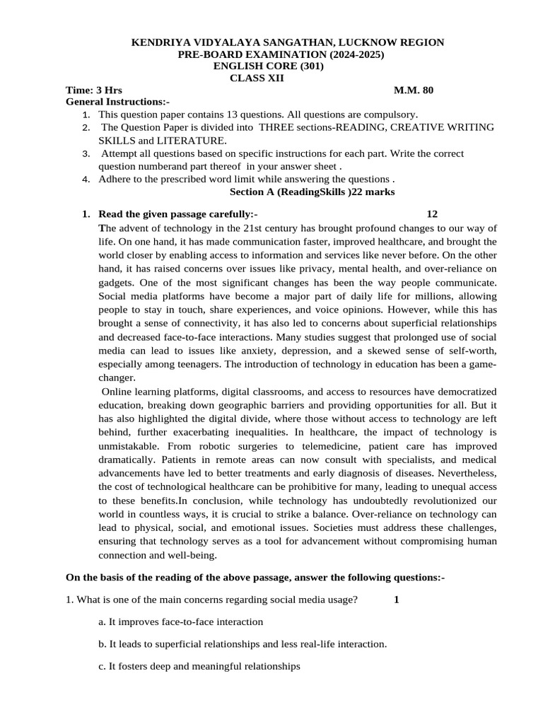 XII ENGLISH QP | PDF | Health Care