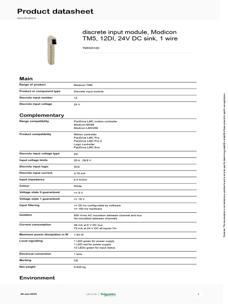 Schneider Electric Modicon TM5 IP20 Modular I O System TM5SDI12D | PDF ...