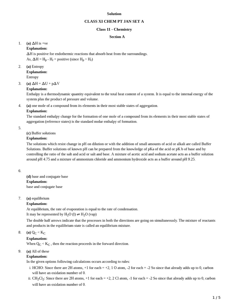 CLASS XI CHEM BM JAN SET A M | PDF | Chemical Equilibrium | Buffer Solution