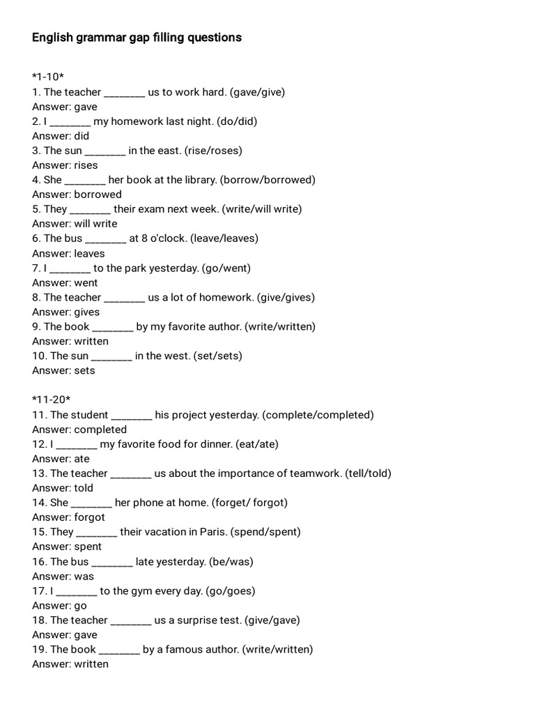 English Grammar Gap Fill Exercises | PDF | Teaching