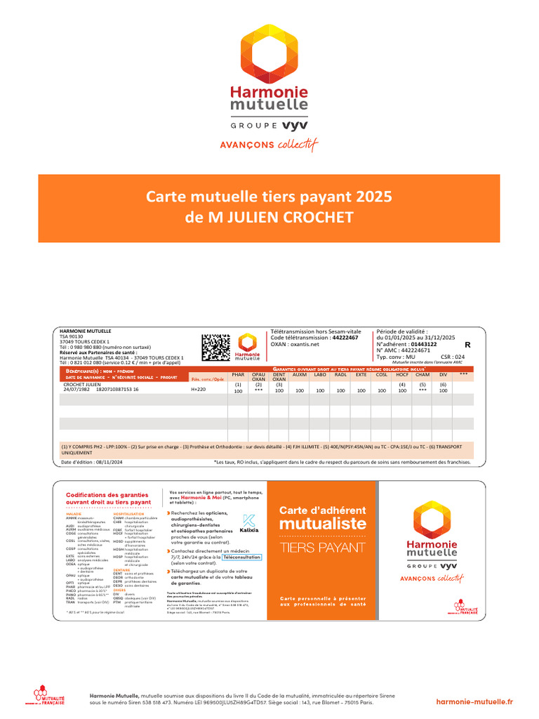 Carte Mutuelle Harmonie 2025 - Détails et Services | PDF | Dentiste ...