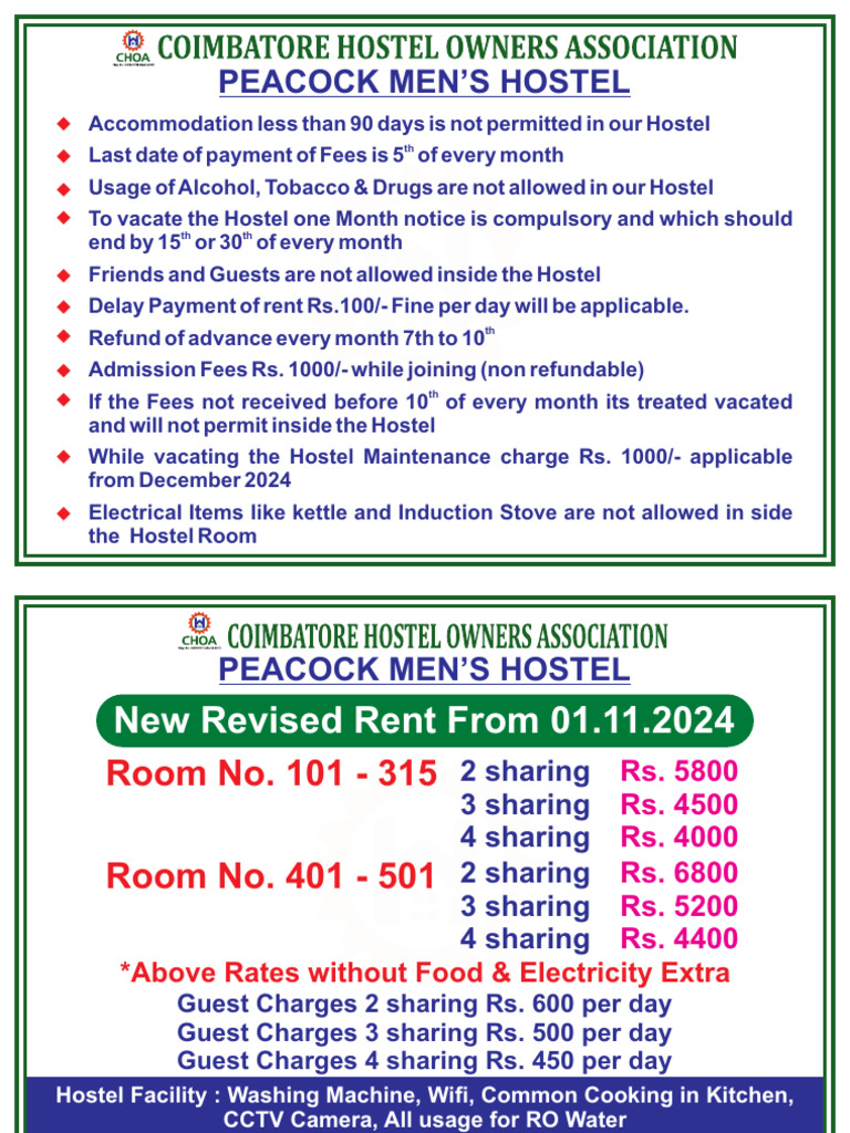 Peacock Men's Hostel Rules & Rates | PDF