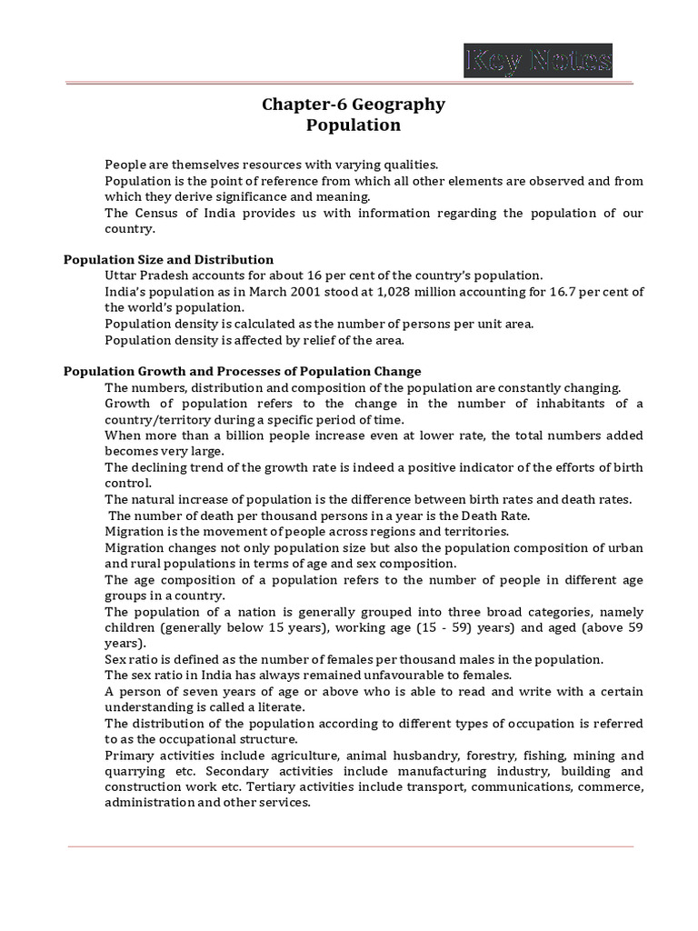 09 Social Science Key Notes Geo ch6 Population | PDF | Population ...