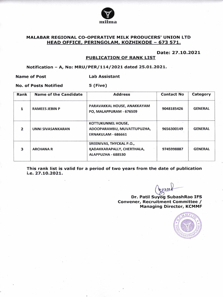 Lab Assistant Rank List 2021 | PDF