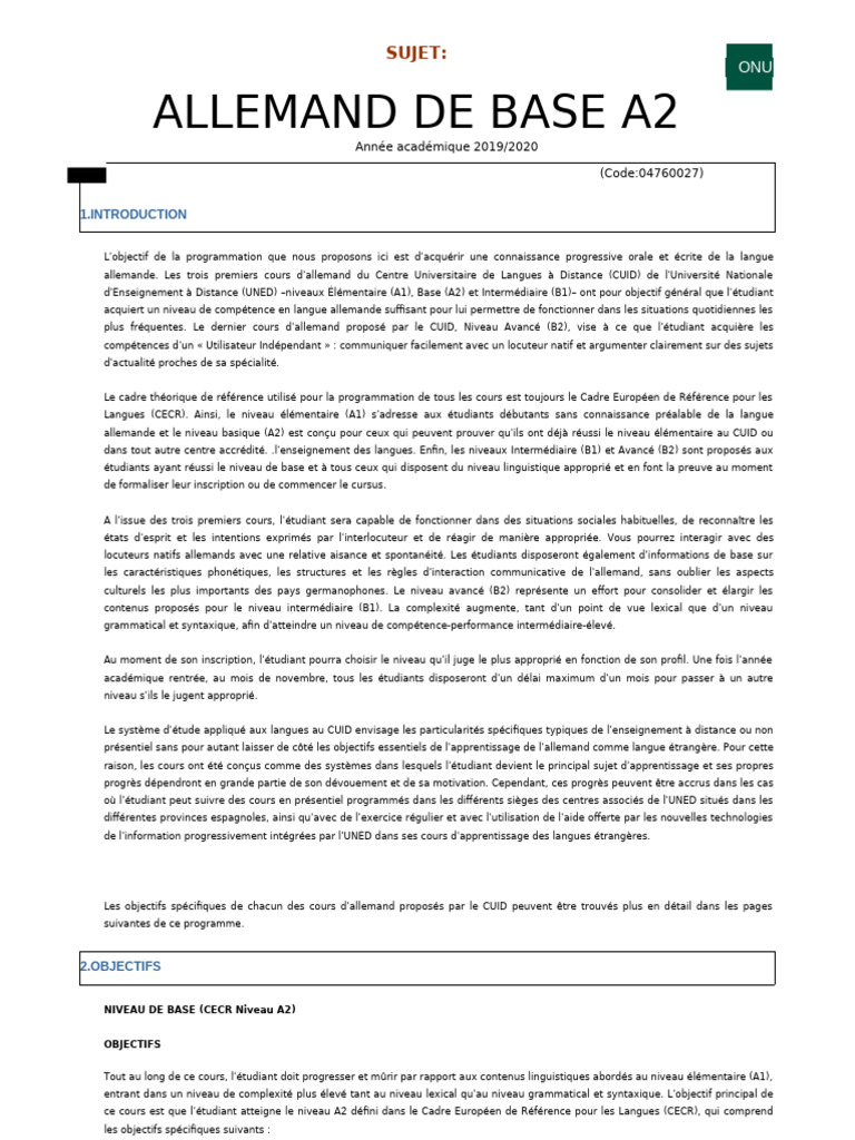 Cours d'Allemand A2 : Objectifs et Contenus | PDF | Verbe | Phrase