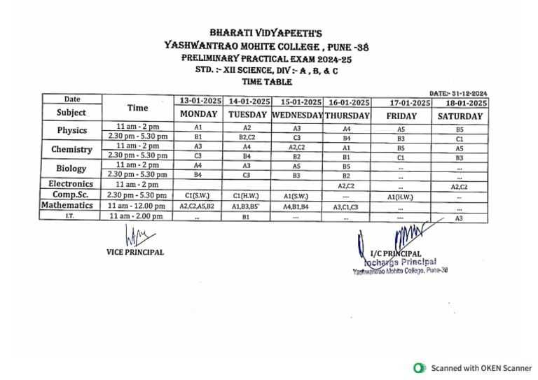 Preliminary Practical Exam - Time Table 2024-25 | PDF