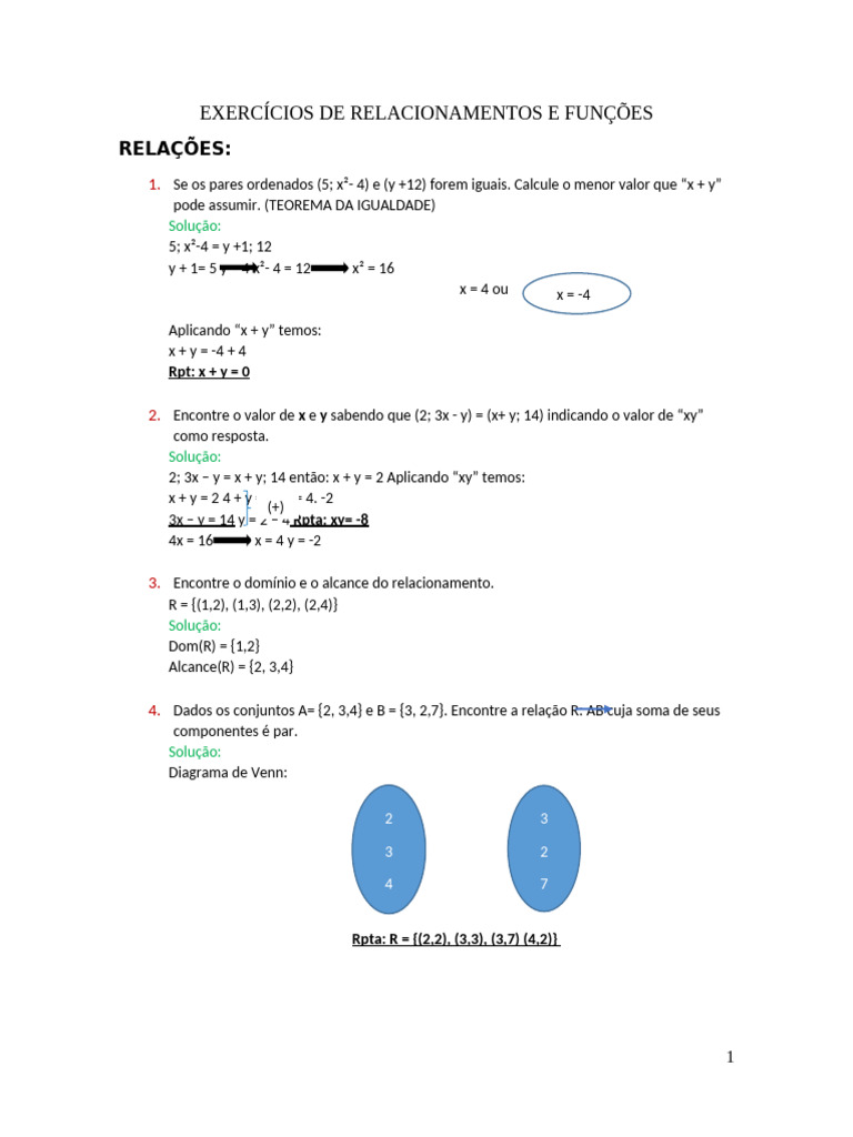 Exercícios de Relações e Funções Matemáticas | PDF | Equações ...