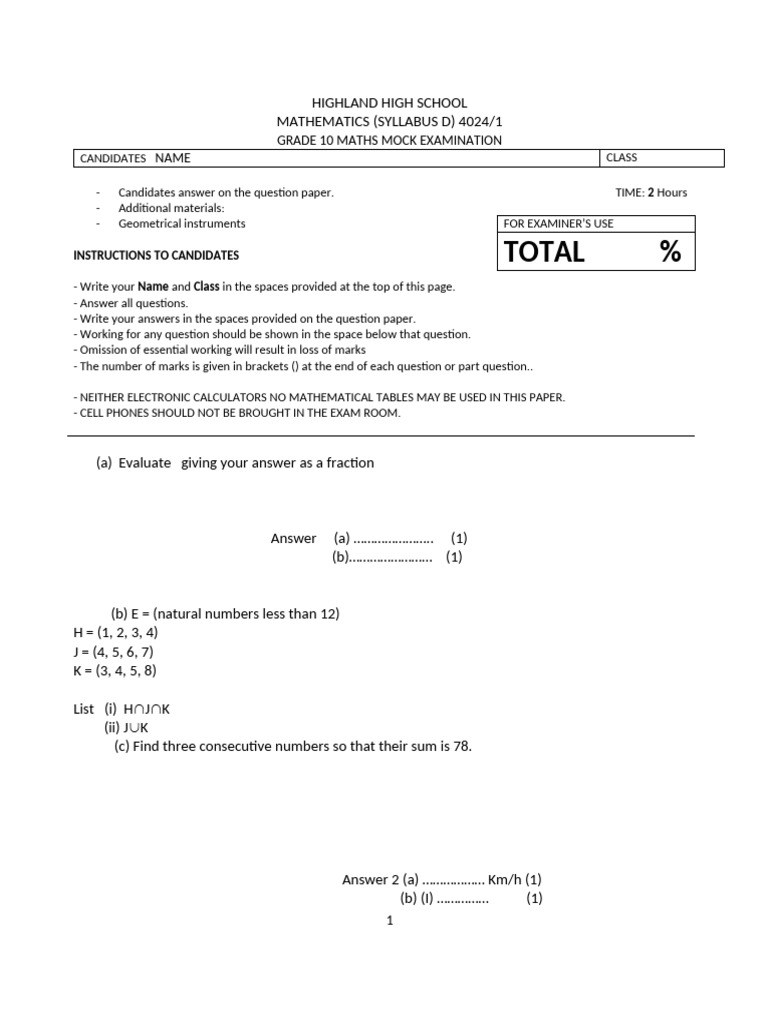 2010 - Grade 10 End of Term 1 Mathematics Exam | PDF | Significant ...