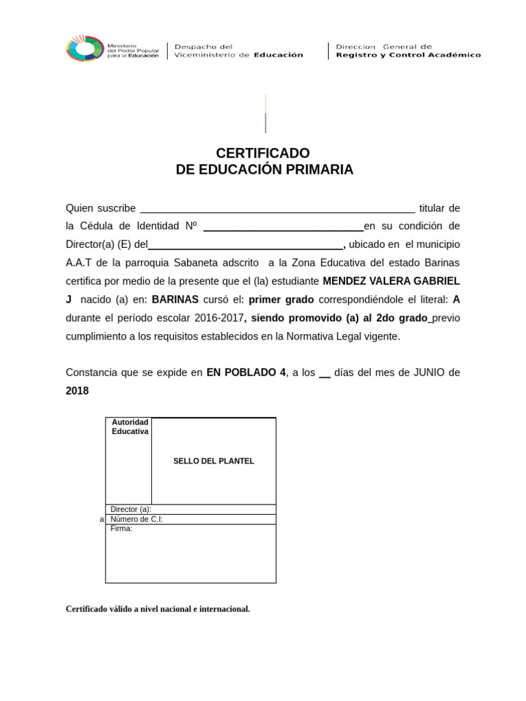 CERTIFICADO DE EDUCACIÓN PRIMARIA Mirian | PDF
