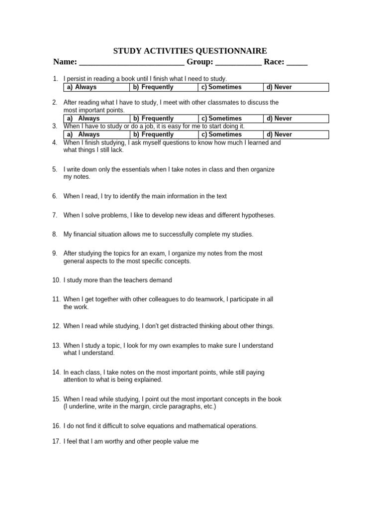 Study Activities Questionnaire | PDF | Reading Comprehension | Cognition