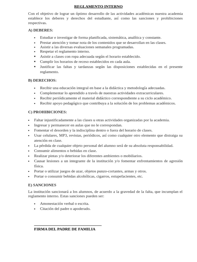 Reglamento Interno | PDF
