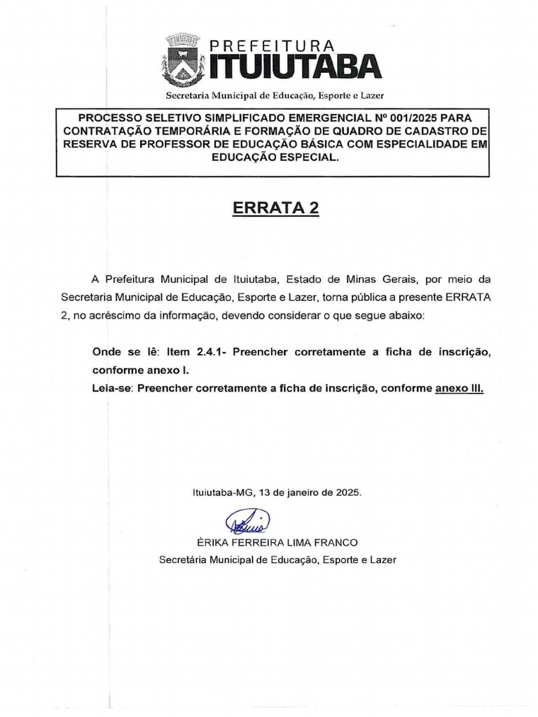 Processo Seletivo Simplificado 001-2025 - Pub003 - Errata 02 | PDF