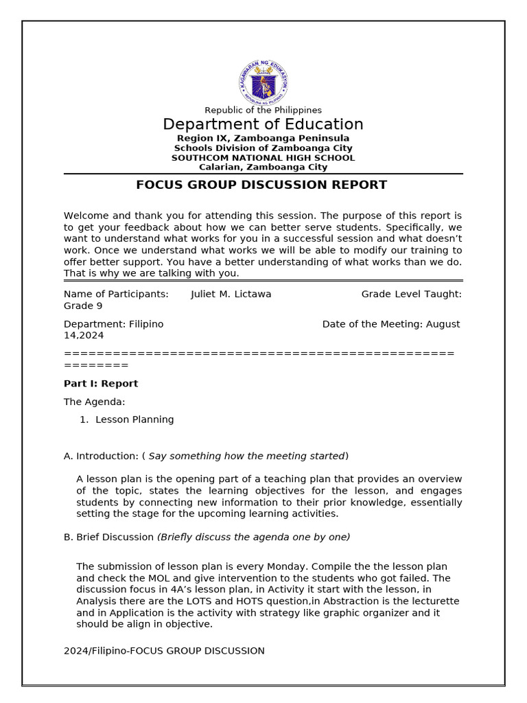 FGD-Report-aug-14 | PDF | Teachers | Lesson Plan