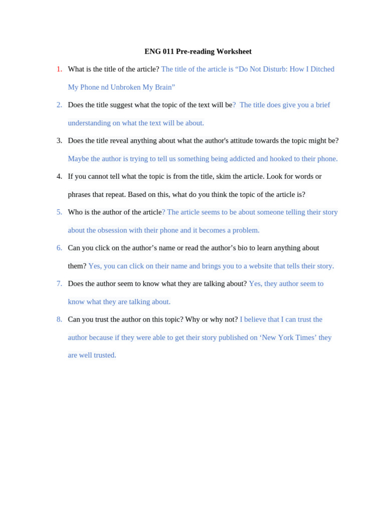 Pre Reading Worksheet | PDF