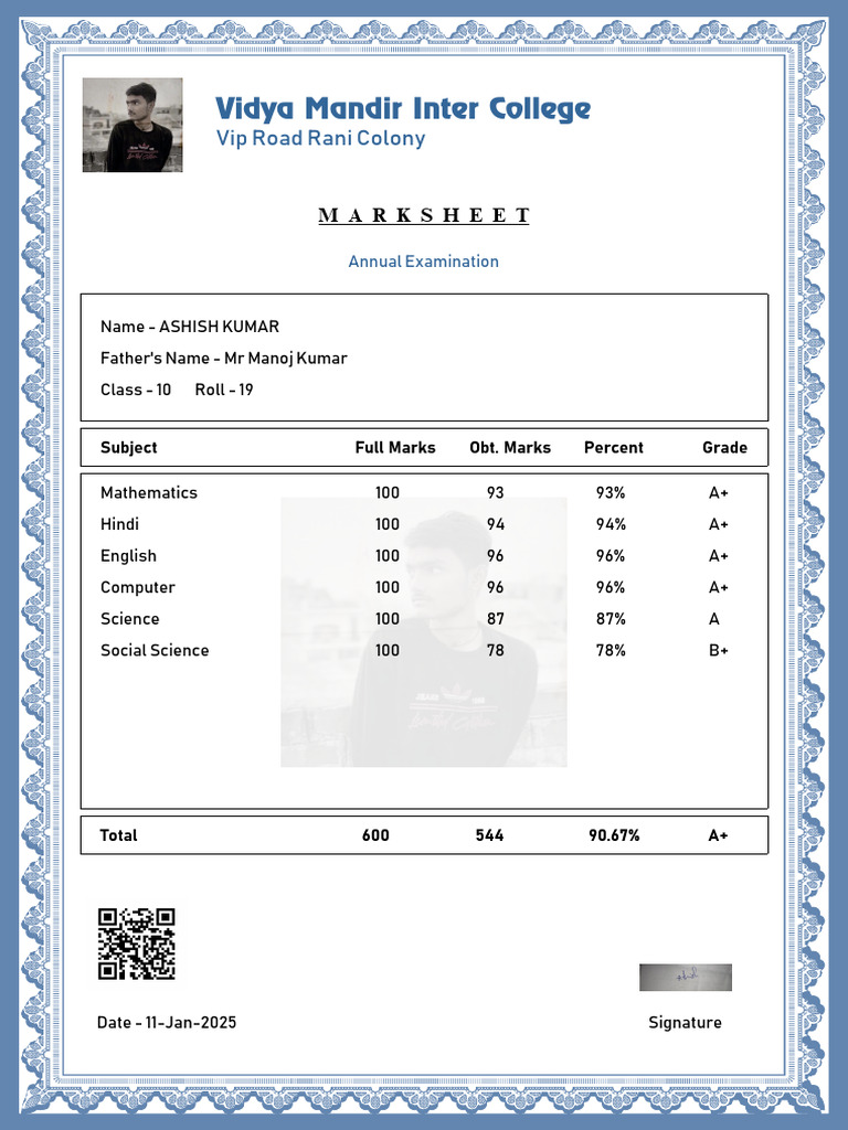 Class 10 Annual Exam Marks Sheet | PDF