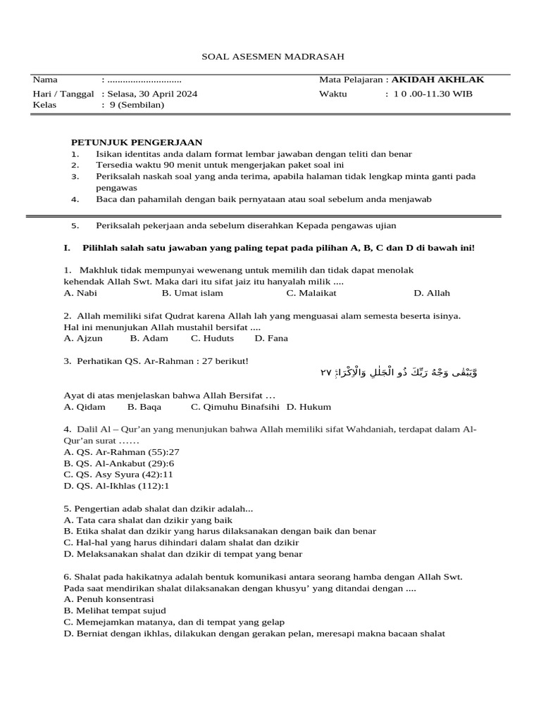 Naskah Soal Akidah Akhlak - Rev | PDF