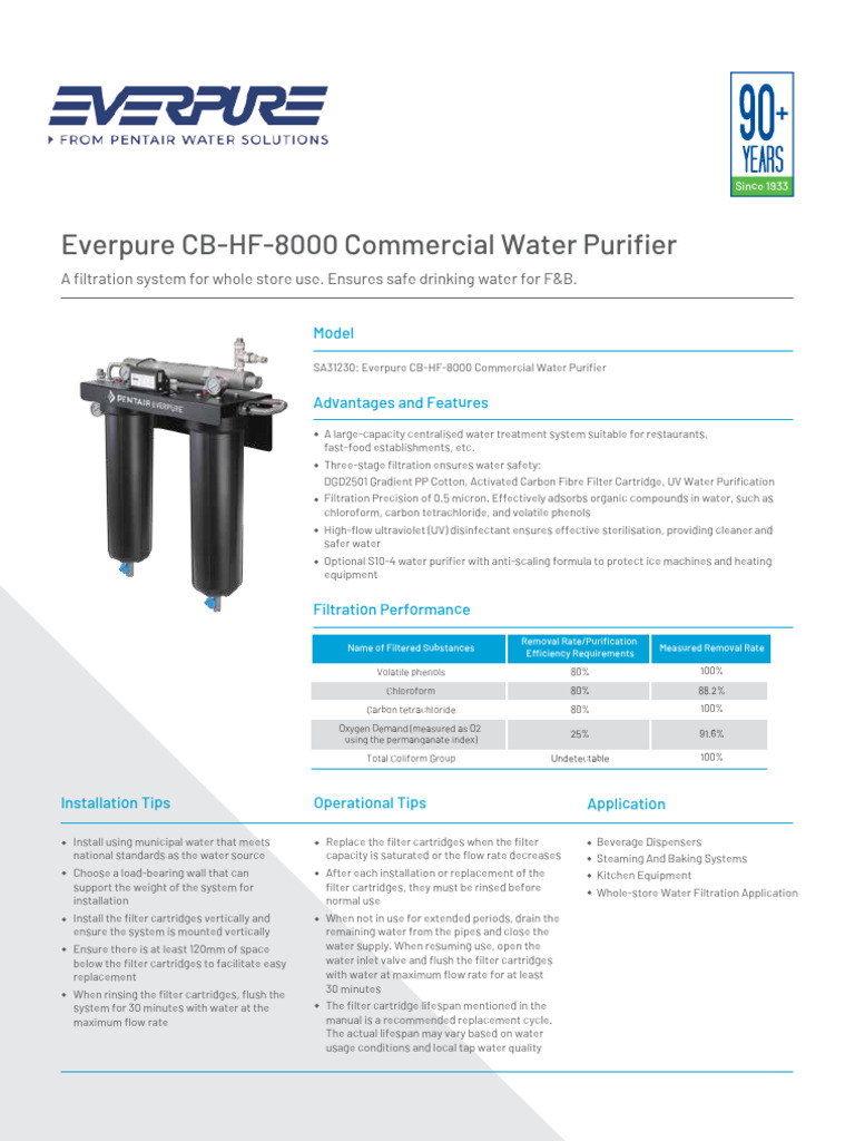 Everpure HF 8000 Filtration System Data Sheet - EN | PDF | Water Purification | Water