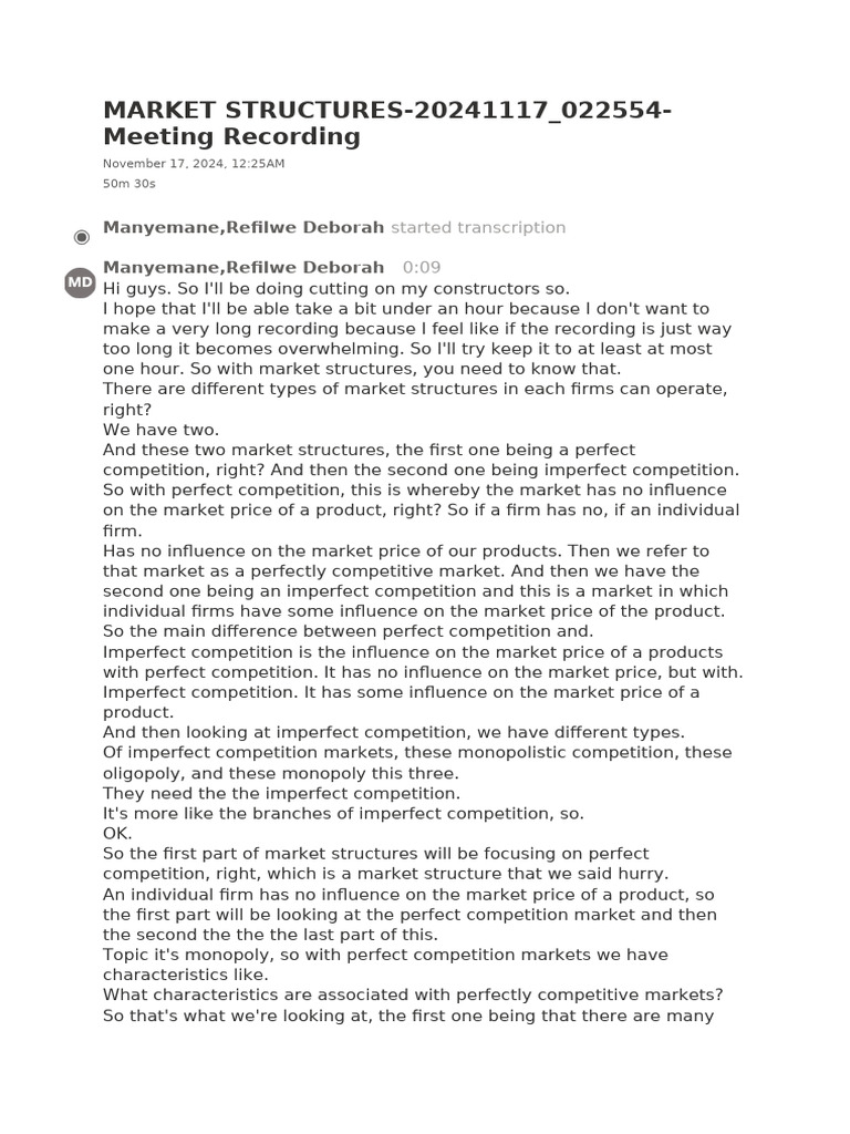 MARKET STRUCTURES | PDF | Imperfect Competition | Perfect Competition