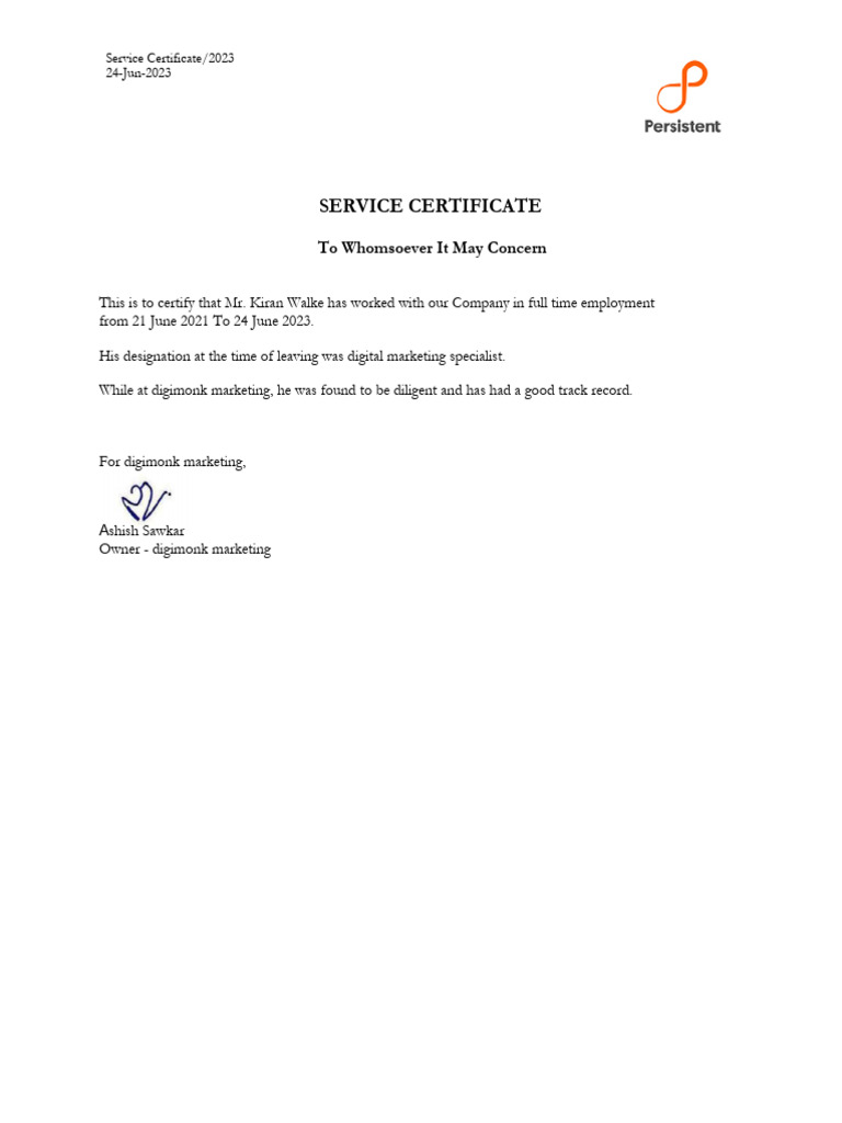 Kartik Walke(49883)Service Letter22Jul24 (2) | PDF