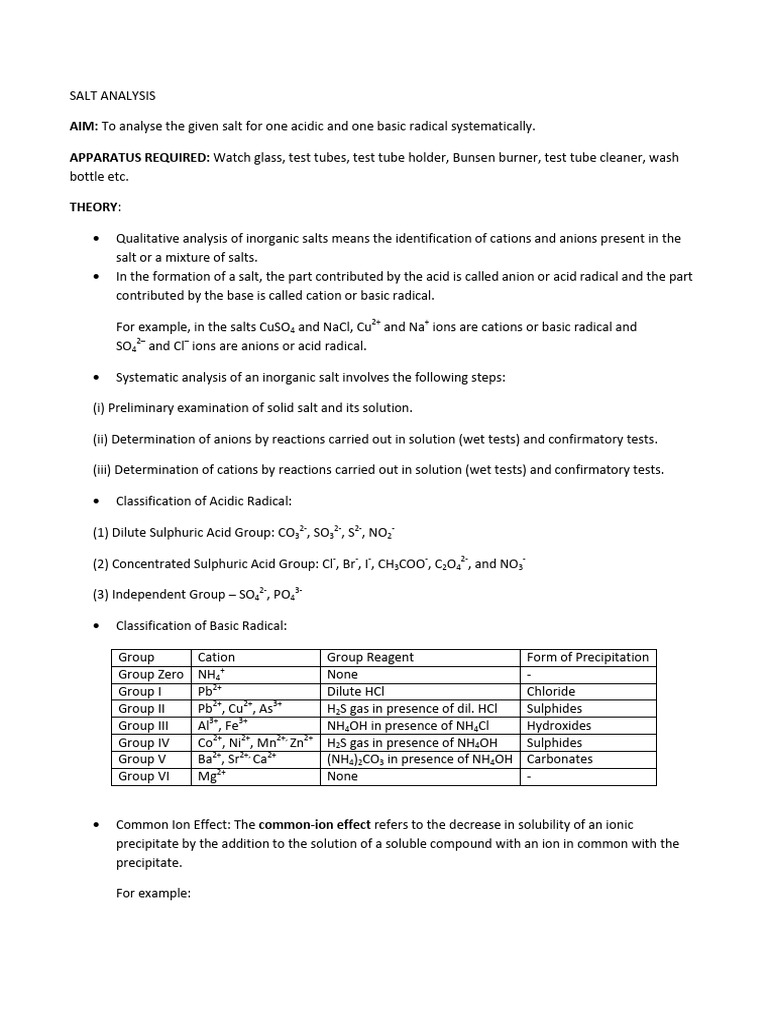 Salt analysis | PDF | Dissociation (Chemistry) | Solubility