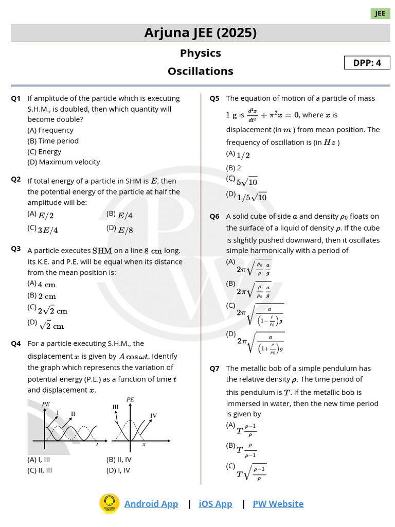 JEE Physics: SHM Practice Quiz | PDF | Oscillation | Physical Phenomena