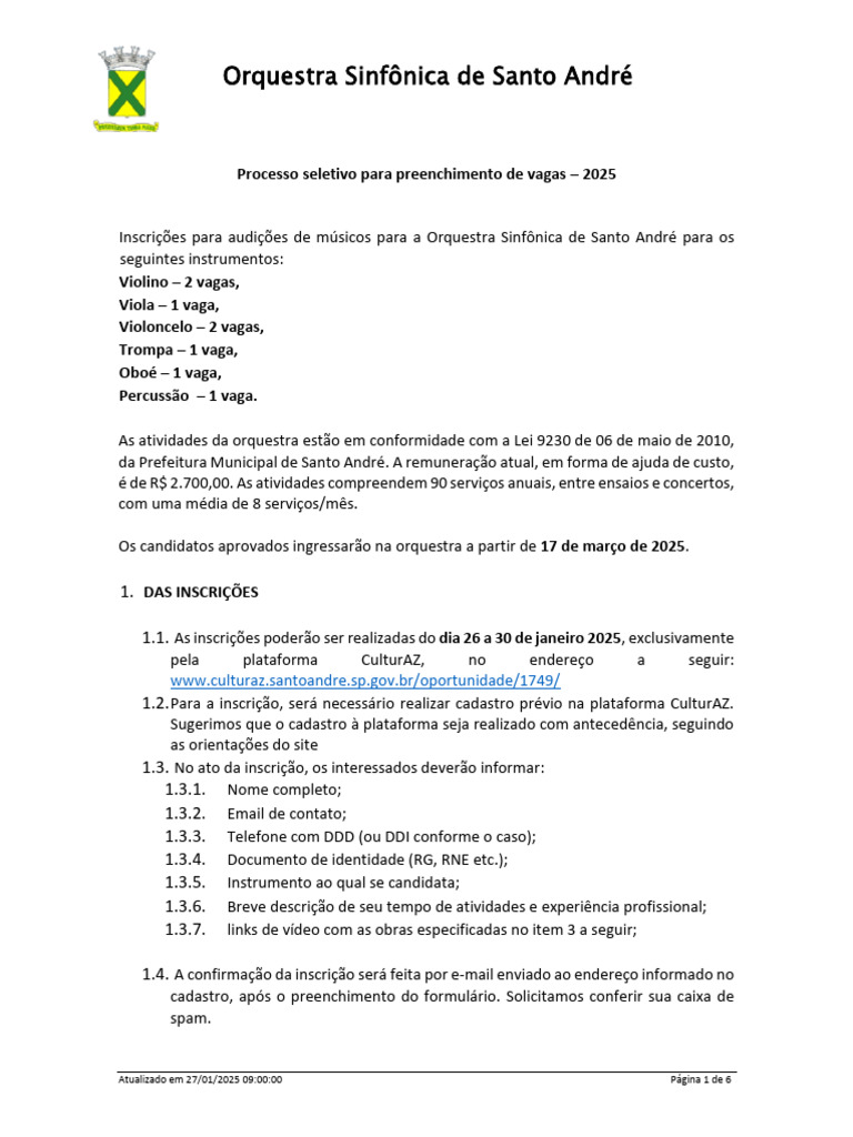 Regulamento Selecao Musicos Ossa 2025 | PDF | Sinfonia | Orquestras
