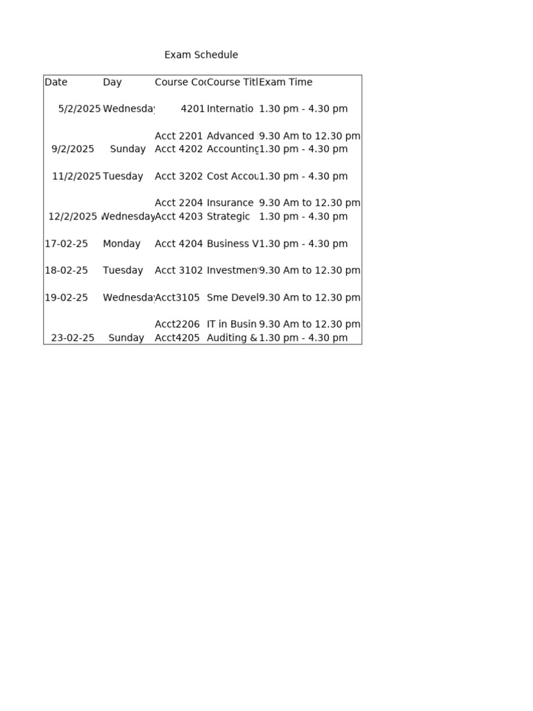 2025 Exam Schedule for Accounting Courses | PDF