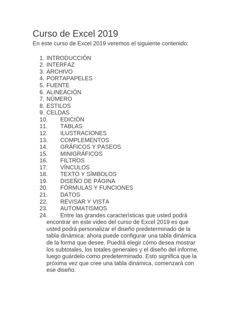 Curso De Excel 2019 Pdf
