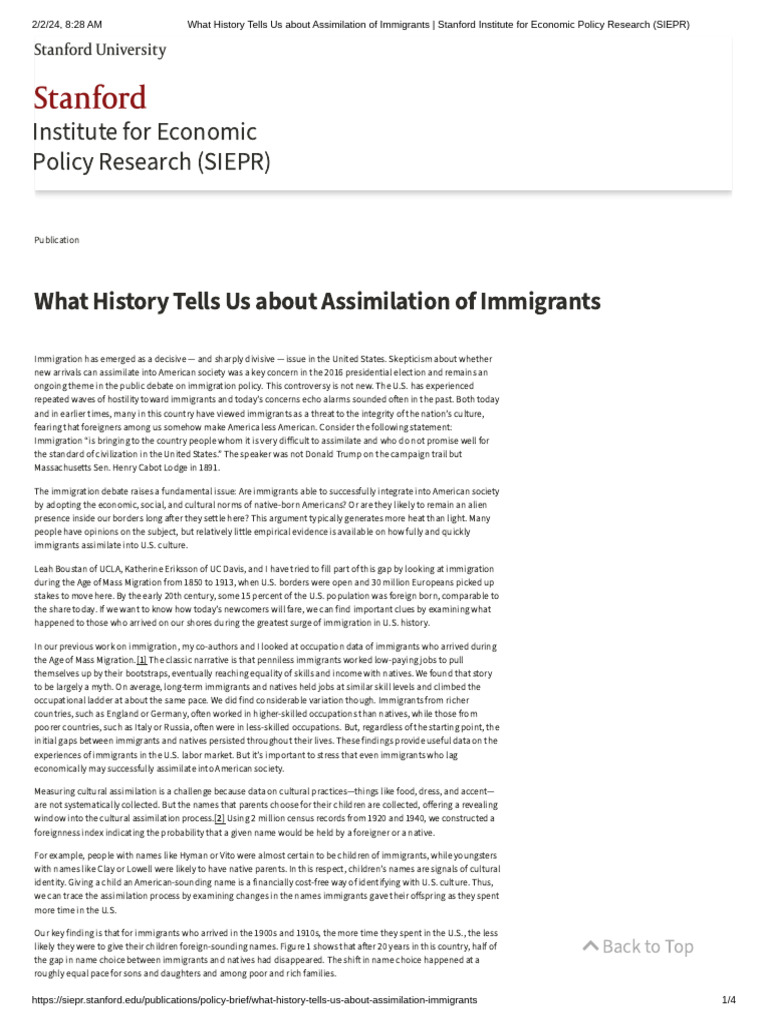 What History Tells Us About Assimilation of Immigrants - Stanford ...