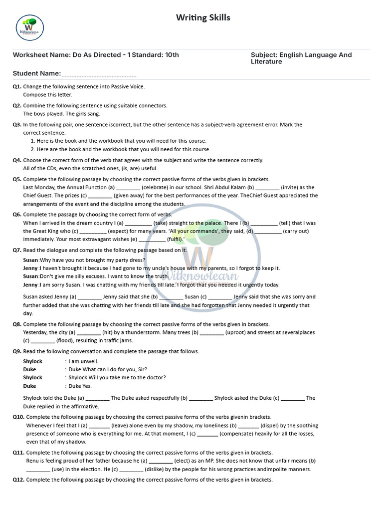 Class 10 English: Do As Directed Exercises | PDF | Adverb | Subject ...