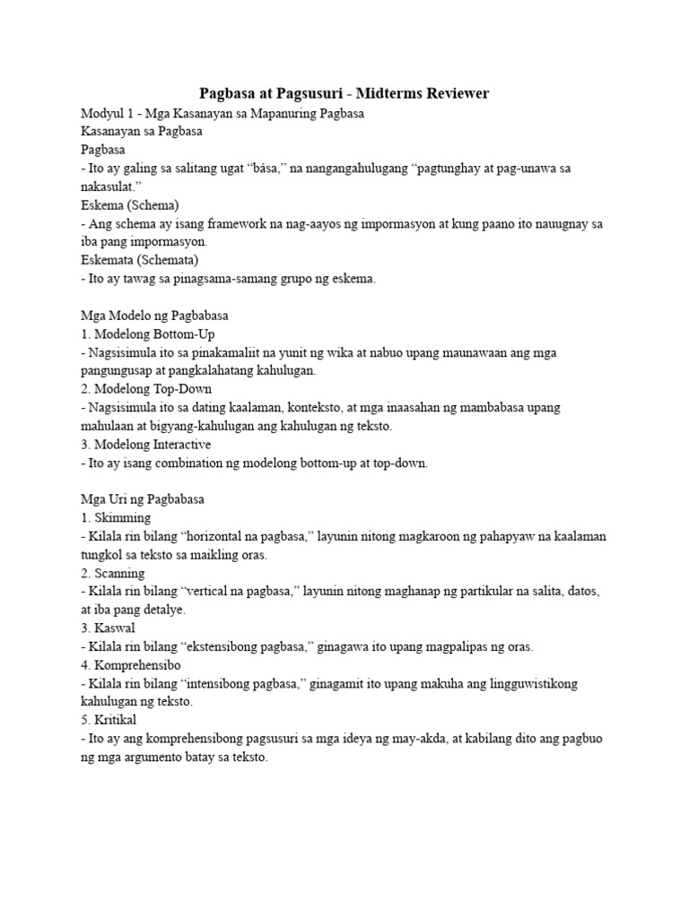 Pagbasa at Pagsusuri Midterms Reviewer | PDF