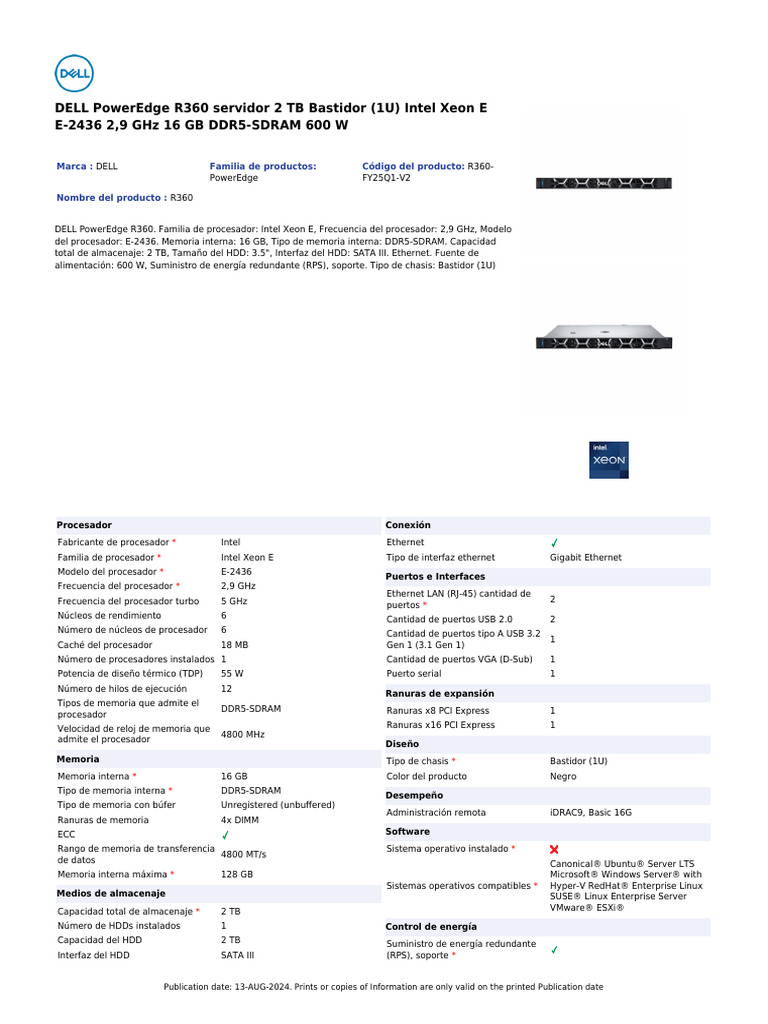Ficha Tecnica - Dell PowerEdge R360 | PDF | Microprocesador | Disco duro