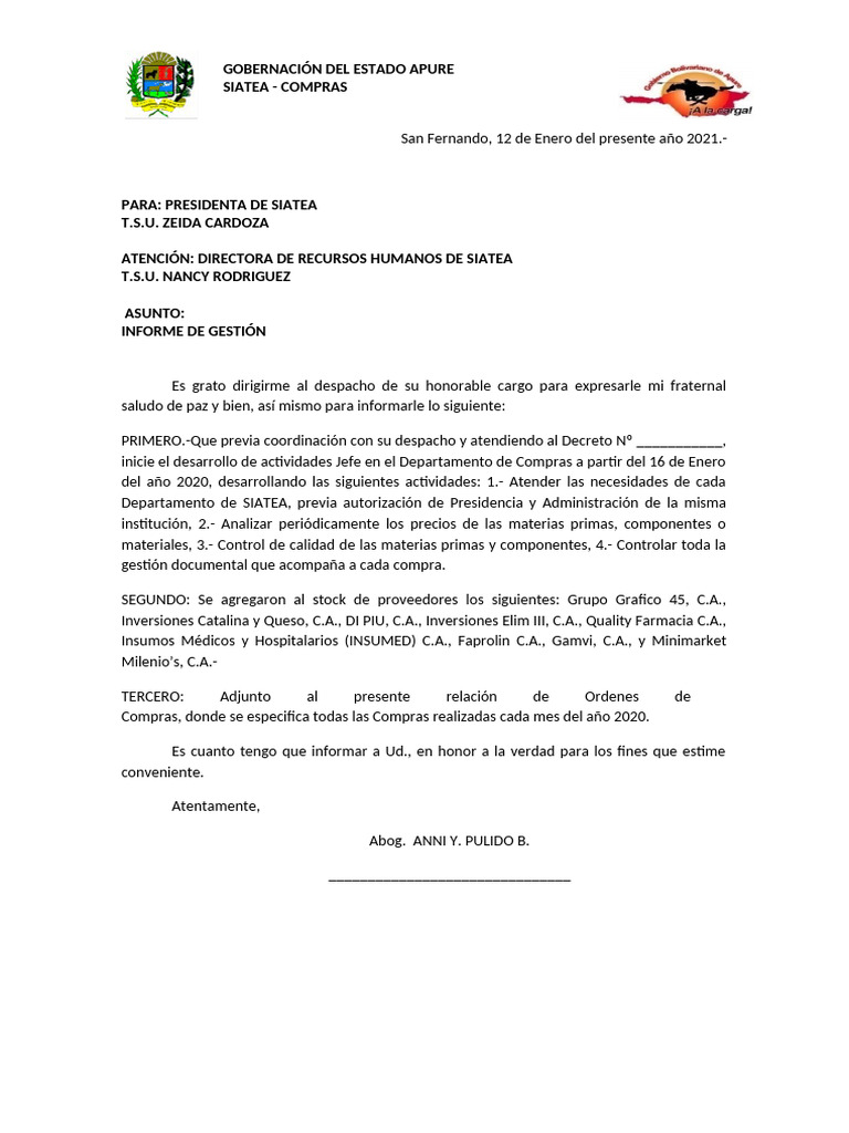 Informe de Gestion de Compras Siatea | PDF