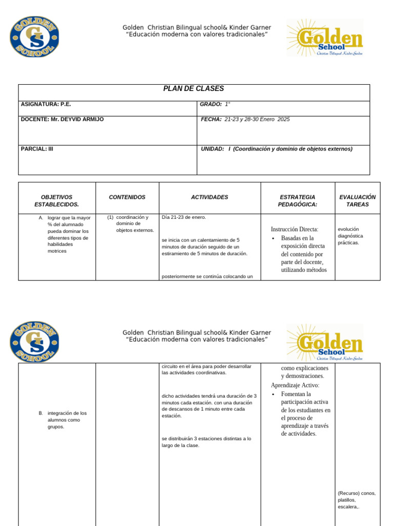 PLAN DE CLASES 1° | PDF | Educación de la primera infancia | Evaluación
