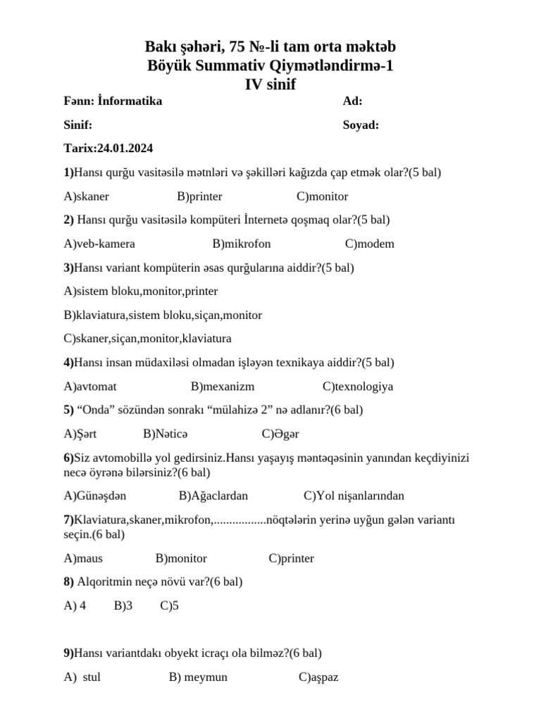 4cü Sinif bsq-1 Kopyası | PDF