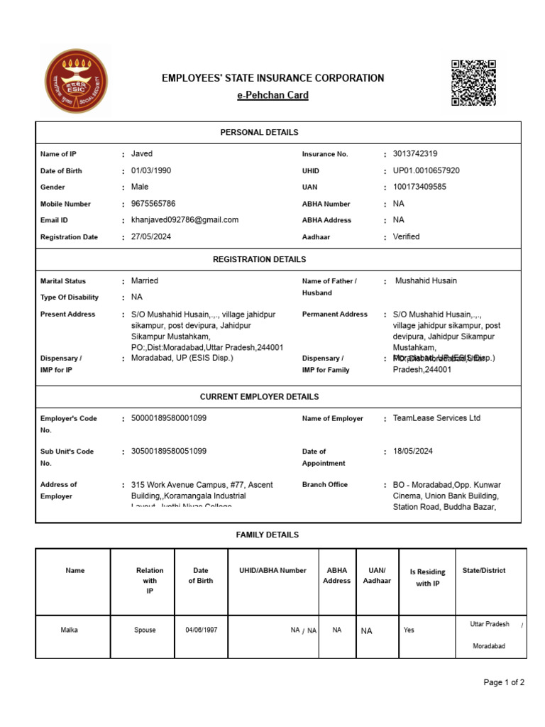 ESIC Card (1) | PDF | Social Programs