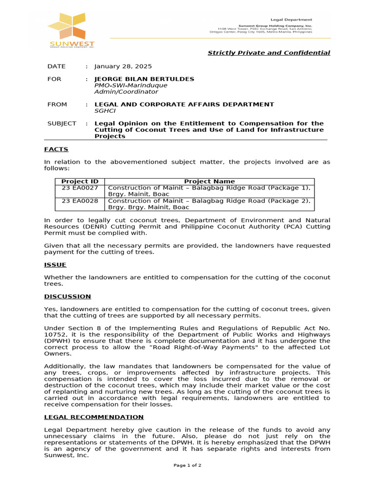 Legal Opinion On The Entitlement To Compensation For The Cutting of ...