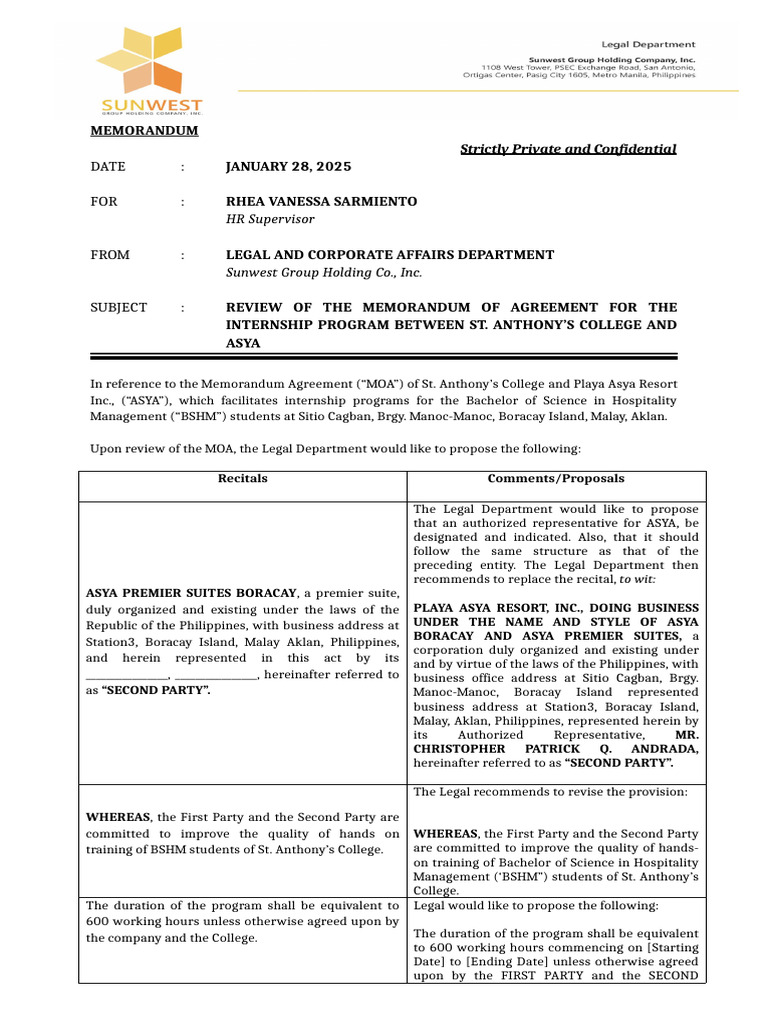 Review of The Memorandum of Agreement For The Internship Program ...