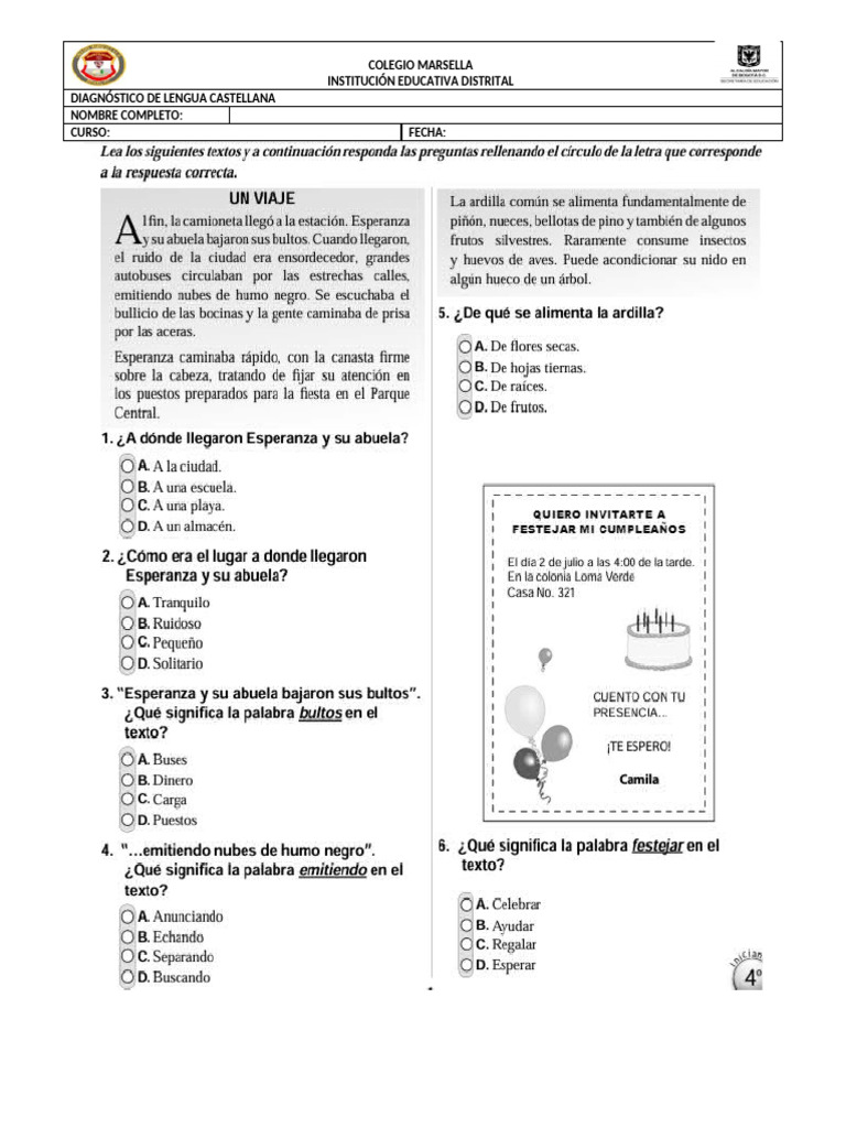 4TO-Prueba Diagnóstica-Lengua Castellana | PDF