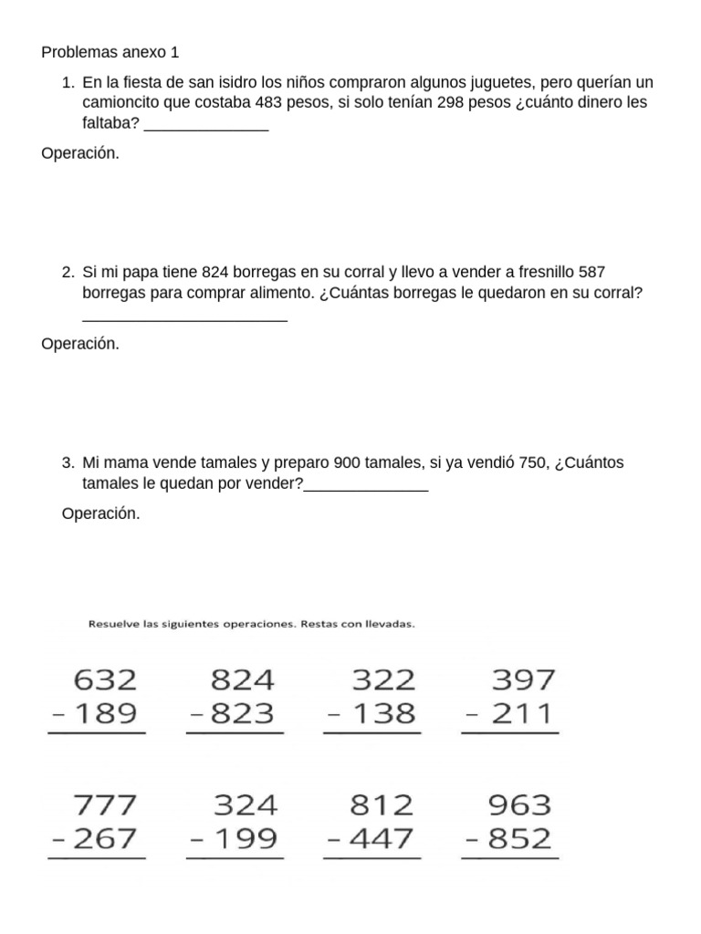 Problemas de Resta Con Llevadas | PDF