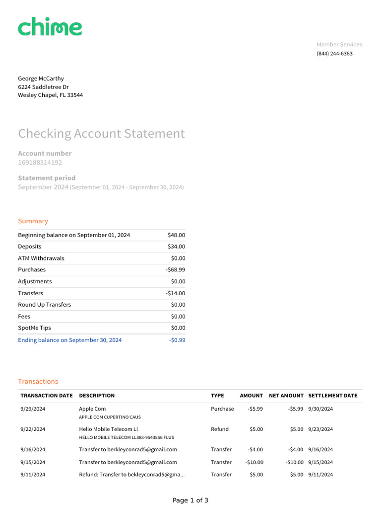 Chime Checking Statement September 2024 | PDF | Visa Inc. | Transaction ...