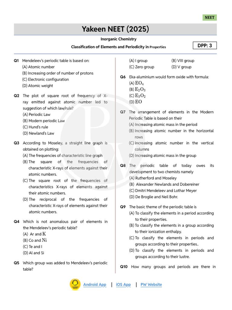 Classification of Elements and Periodicity in Properties - DPP 03 (Of Lec-05) - Yakeen NEET 2025 ...