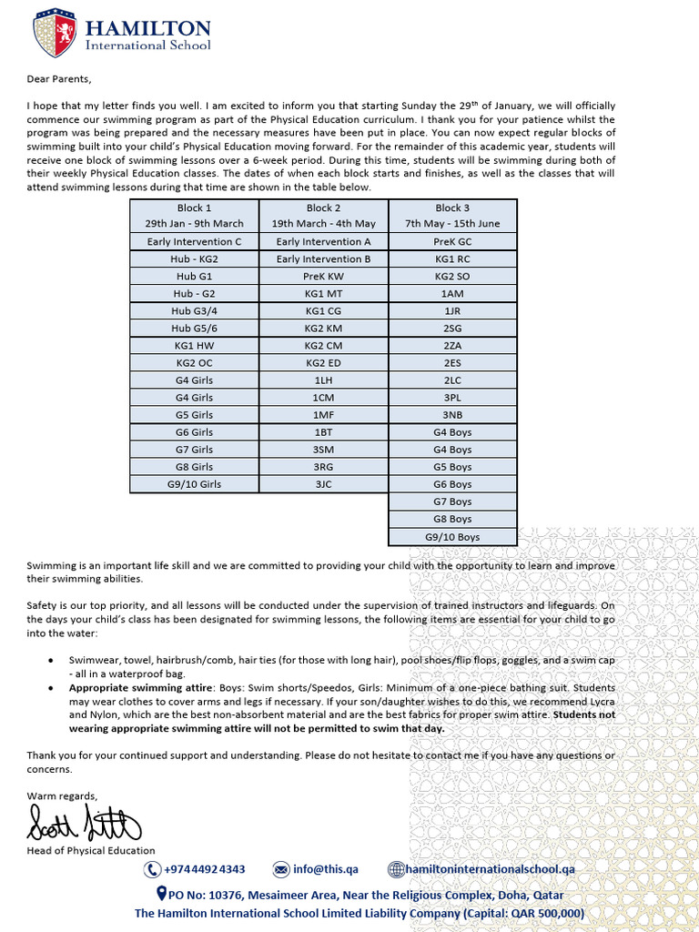 Hamilton Swimming Schedule 2023 | PDF | Swimming | Swimsuit