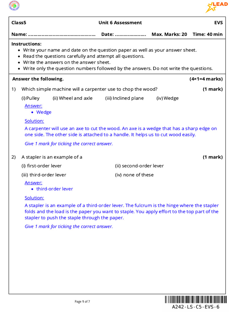 Class5 - EVS - ASM-1 - AnswerKey 5253 | PDF | Machines | Lever